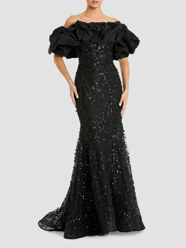 Mac Duggal Evening Beaded Appliqué Off-the-shoulder Mermaid Gown - Black