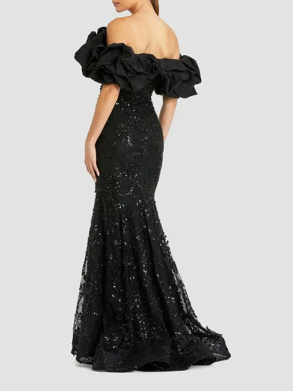 Mac Duggal Evening Beaded Appliqué Off-the-shoulder Mermaid Gown - Black