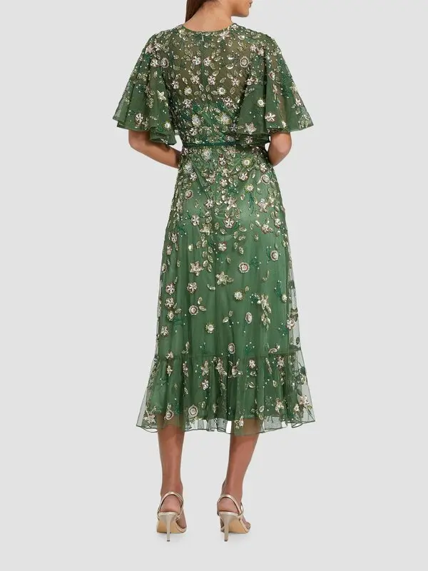 Mac Duggal Floral Beaded Mesh Midi-dress - Sage