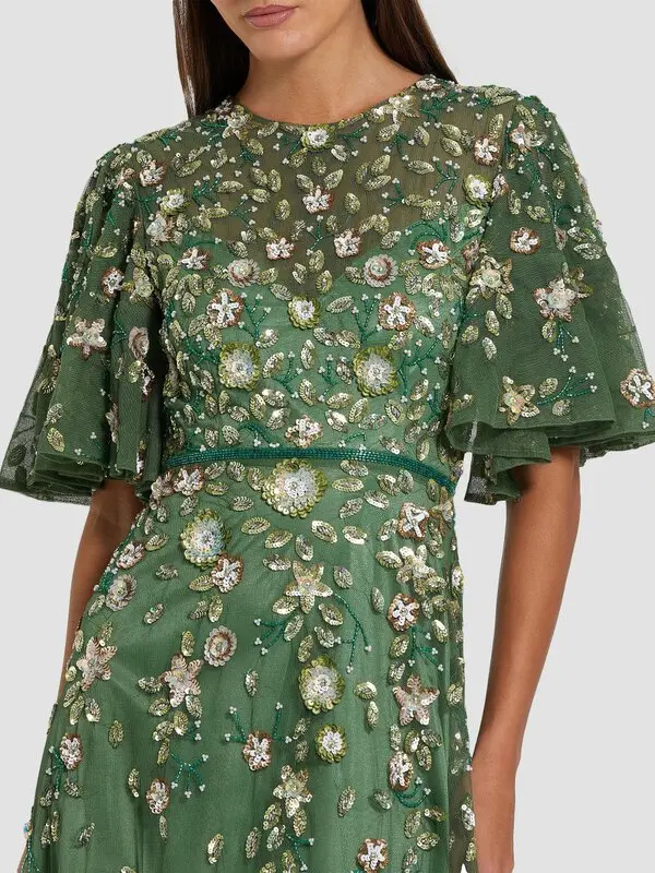 Mac Duggal Floral Beaded Mesh Midi-dress - Sage