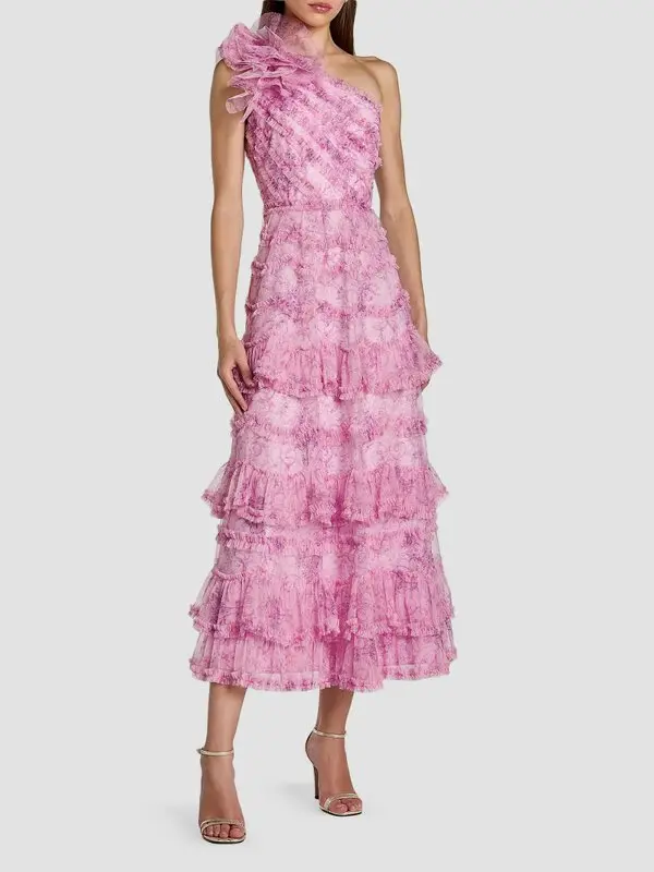 Mac Duggal Baroque Mesh Ruffled One-shoulder Midi-dress