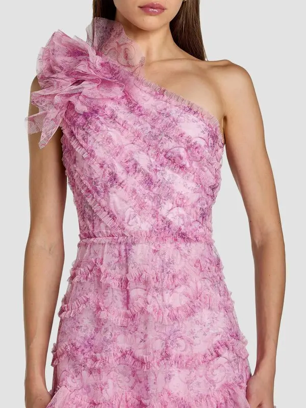 Mac Duggal Baroque Mesh Ruffled One-shoulder Midi-dress