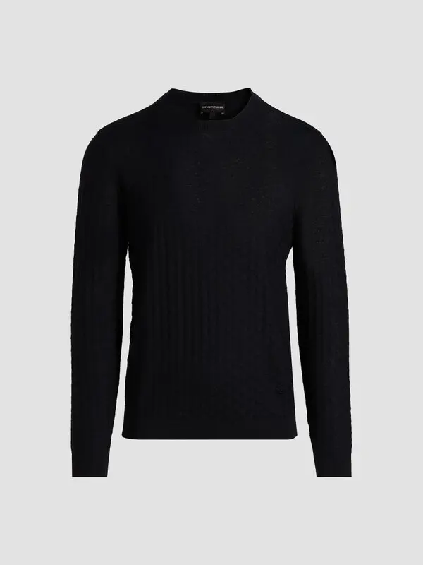 Emporio Armani Tonal Basket-weave Virgin Wool Sweater - Navy