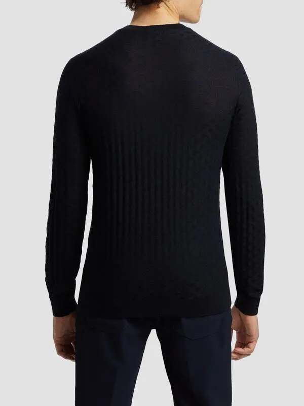 Emporio Armani Tonal Basket-weave Virgin Wool Sweater - Navy