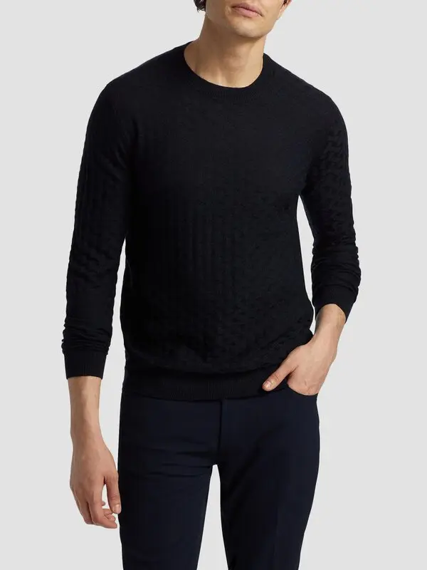 Emporio Armani Tonal Basket-weave Virgin Wool Sweater - Navy