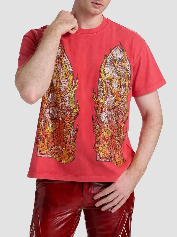 WHO DECIDES WAR Rhinestone Flame Glass Jersey T-shirt