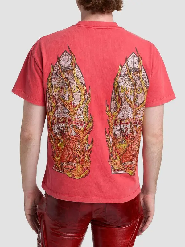 WHO DECIDES WAR Rhinestone Flame Glass Jersey T-shirt