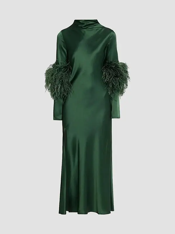 Lapointe Satin Feather-trimmed Bias Midi Dress