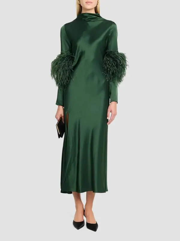Lapointe Satin Feather-trimmed Bias Midi Dress