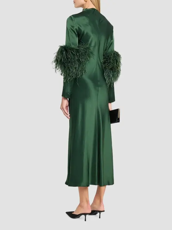 Lapointe Satin Feather-trimmed Bias Midi Dress