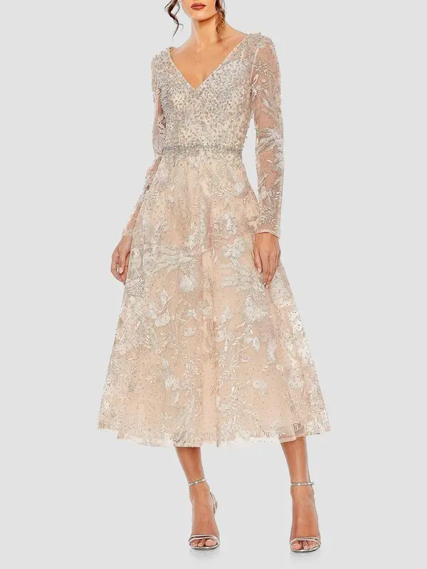 Mac Duggal Floral Embroidered Mesh Midi-dress