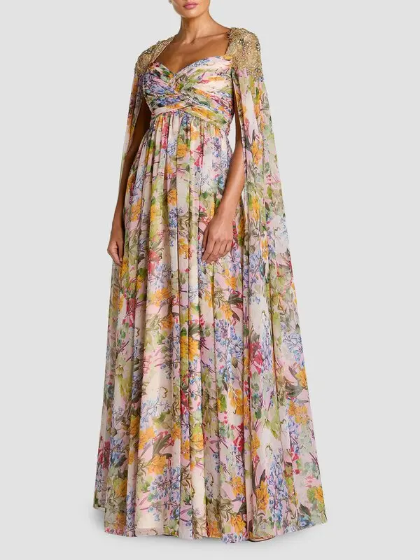 Mac Duggal Embellished Floral Cape Gown