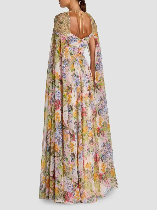 Mac Duggal Embellished Floral Cape Gown