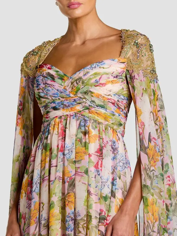 Mac Duggal Embellished Floral Cape Gown