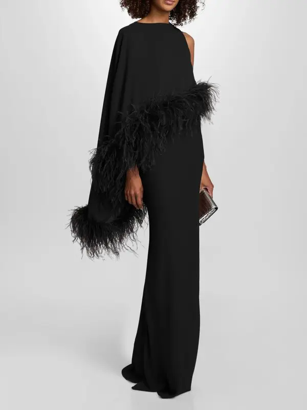 Lapointe Georgette Feather-trimmed Asymmetric Draped Gown
