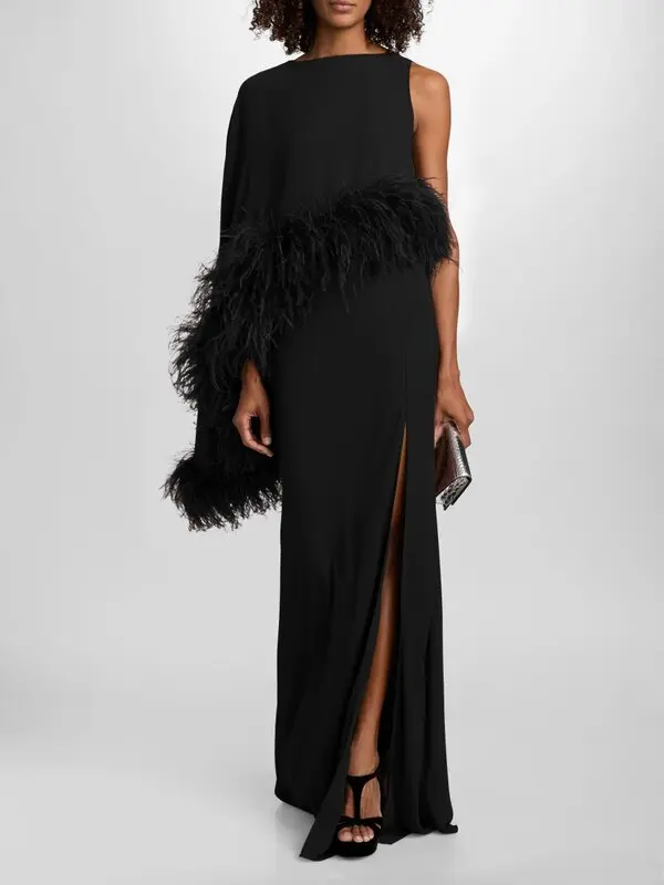 Lapointe Georgette Feather-trimmed Asymmetric Draped Gown
