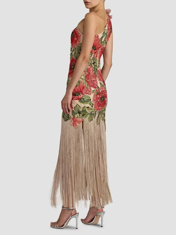 Mac Duggal Floral Appliqué Fringed One-shoulder Gown