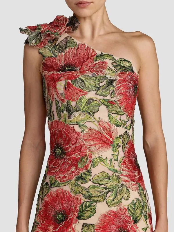 Mac Duggal Floral Appliqué Fringed One-shoulder Gown