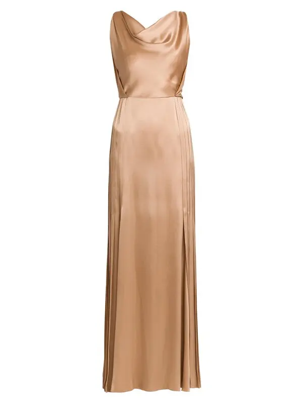 Alberta Ferretti Pleated Satin Cowlneck Gown