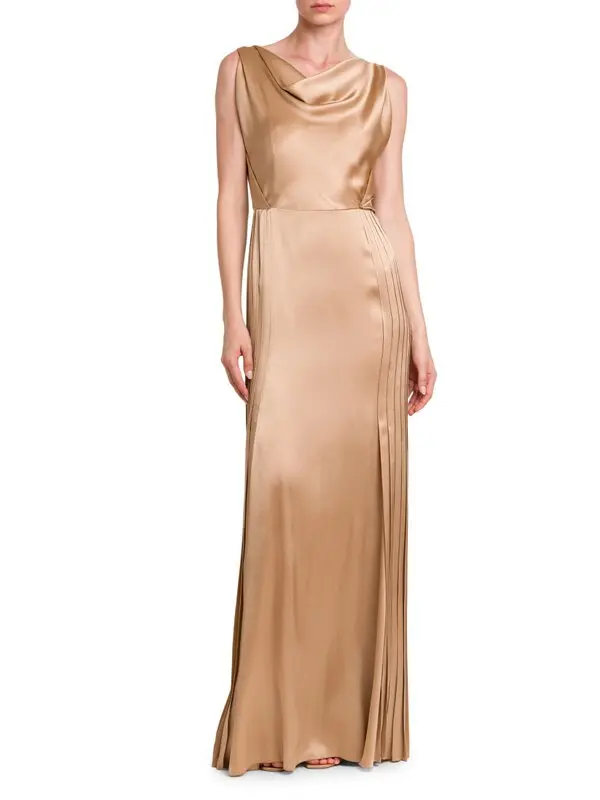 Alberta Ferretti Pleated Satin Cowlneck Gown