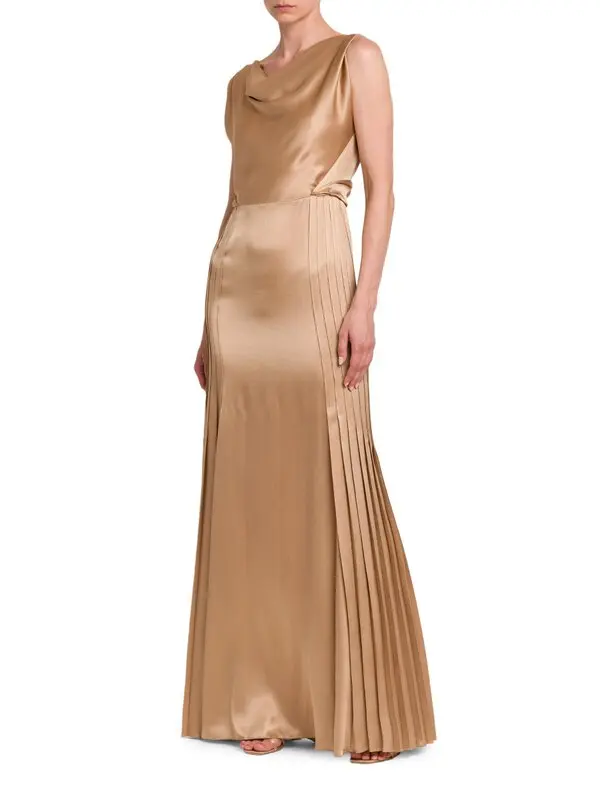 Alberta Ferretti Pleated Satin Cowlneck Gown