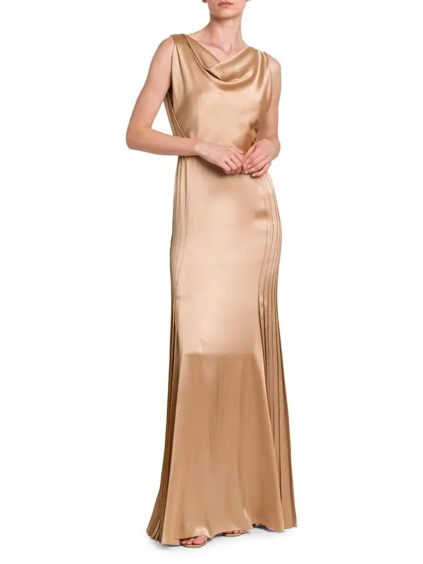 Alberta Ferretti Pleated Satin Cowlneck Gown