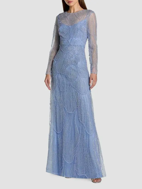 Mac Duggal Beaded Mesh Long-sleeve A-line Gown
