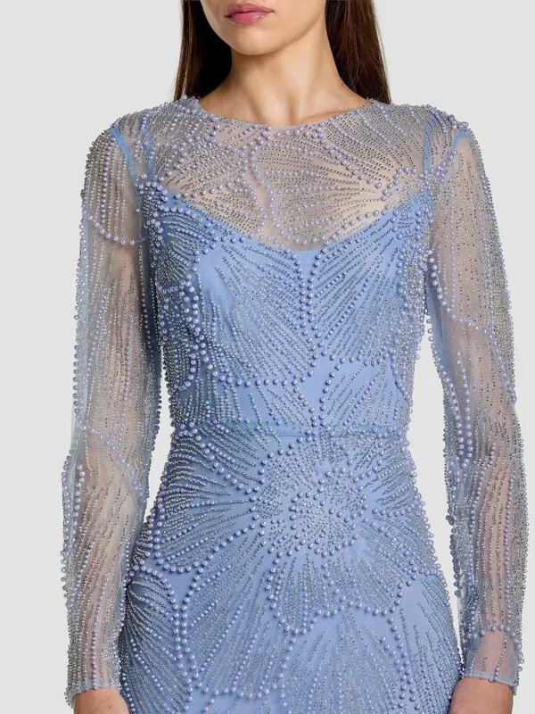 Mac Duggal Beaded Mesh Long-sleeve A-line Gown