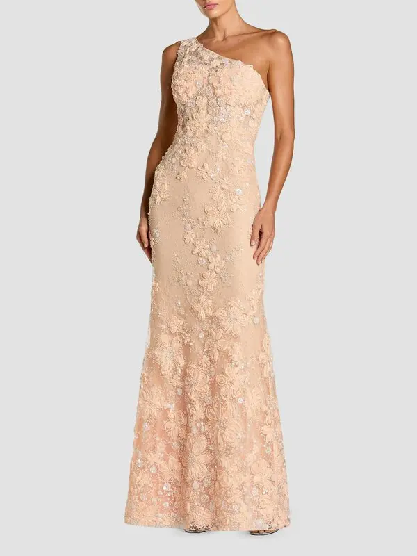 Mac Duggal Floral Embroidered One-shoulder Column Gown