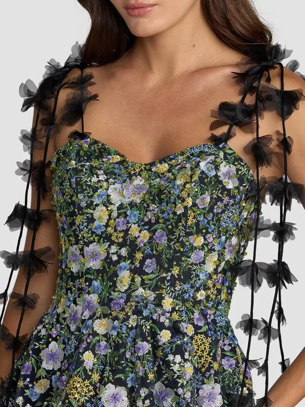 Mac Duggal Floral-embroidered Tassel Tulle Cocktail Dress