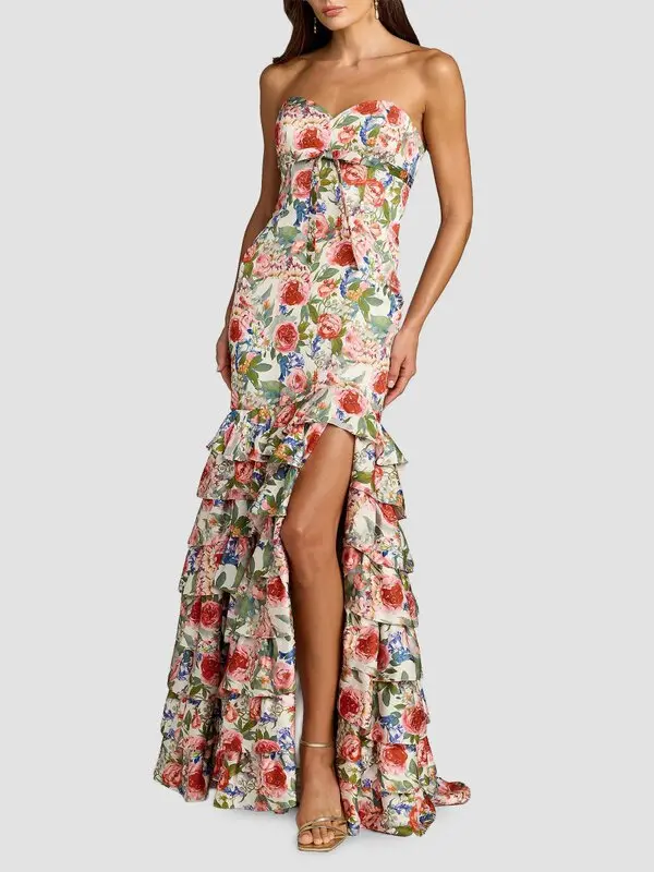 Mac Duggal Floral Charmeuse Ruffle Mermaid Gown