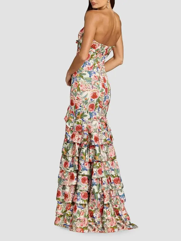 Mac Duggal Floral Charmeuse Ruffle Mermaid Gown