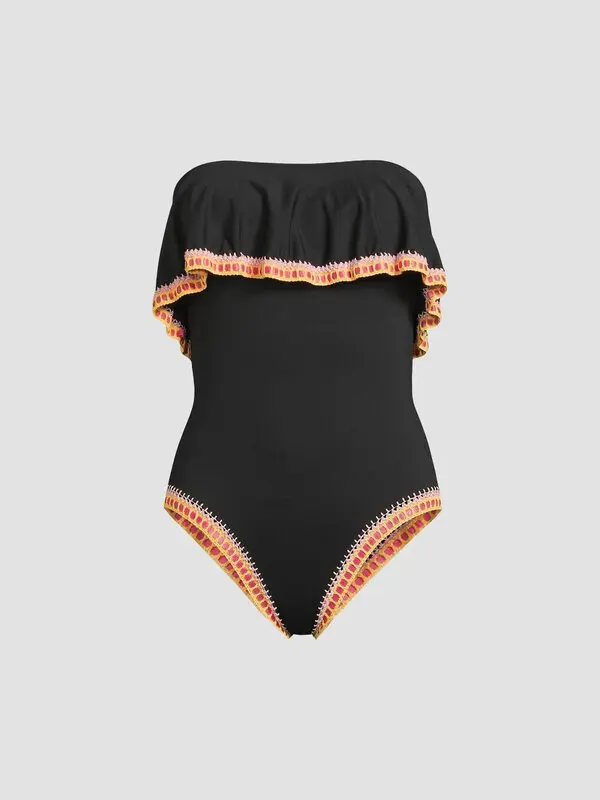 MILLY Strapless Ruffle Crochet-trim One-piece Swimsuit