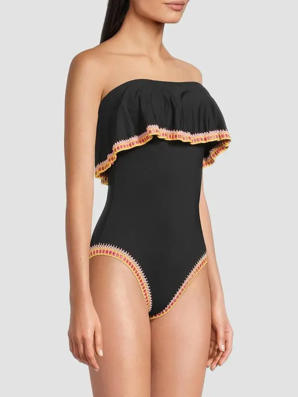 MILLY Strapless Ruffle Crochet-trim One-piece Swimsuit