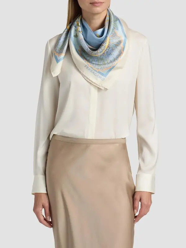FERRAGAMO Floral Silk Scarf - Light Denim