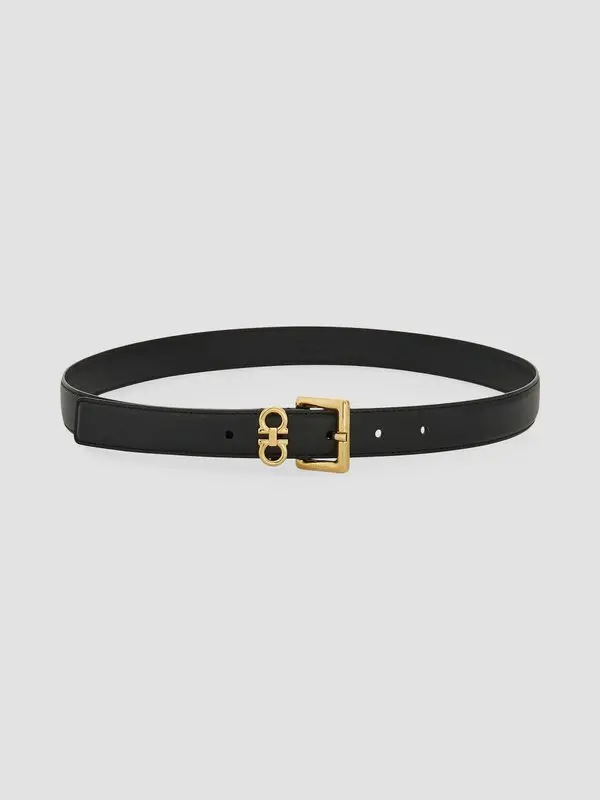 FERRAGAMO Gancio Slim Leather Belt - Nero