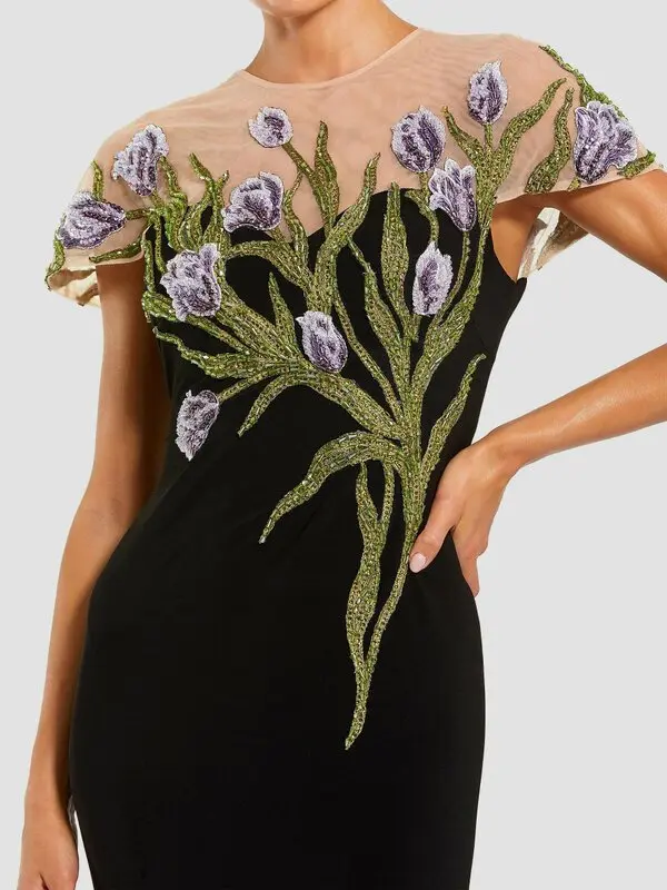 Mac Duggal Petite Floral-embroidered Illusion Neck Mermaid Gown