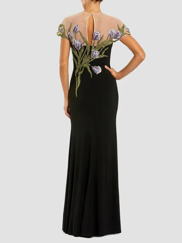 Mac Duggal Petite Floral-embroidered Illusion Neck Mermaid Gown