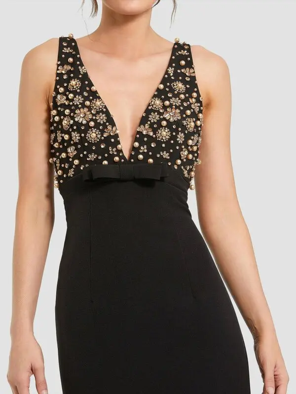Mac Duggal Petite Embellished Crepe V-neck Gown