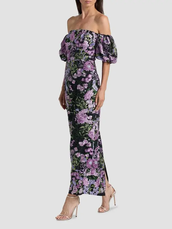 MILLY Nene Floral-embroidered Mesh Off-the-shoulder Maxi Dress