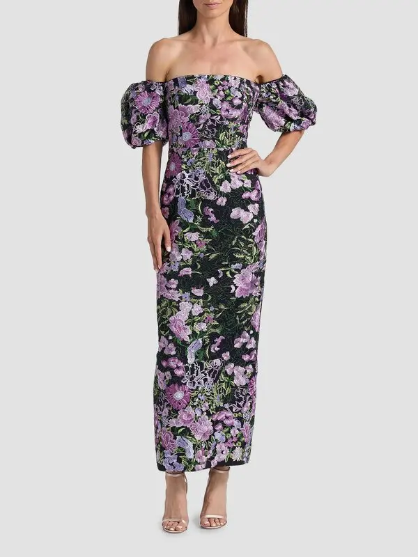 MILLY Nene Floral-embroidered Mesh Off-the-shoulder Maxi Dress