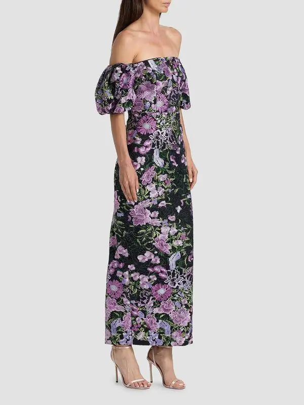 MILLY Nene Floral-embroidered Mesh Off-the-shoulder Maxi Dress