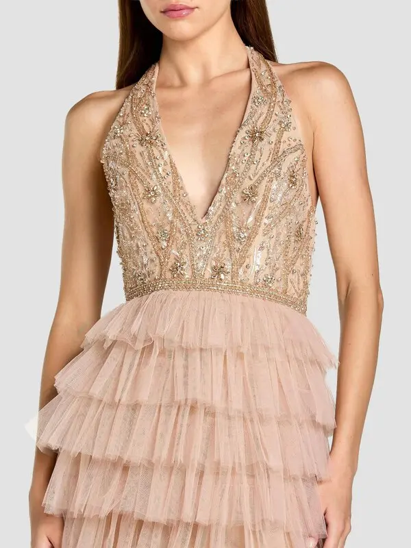 Mac Duggal Beaded Tulle Ruffle Column Gown