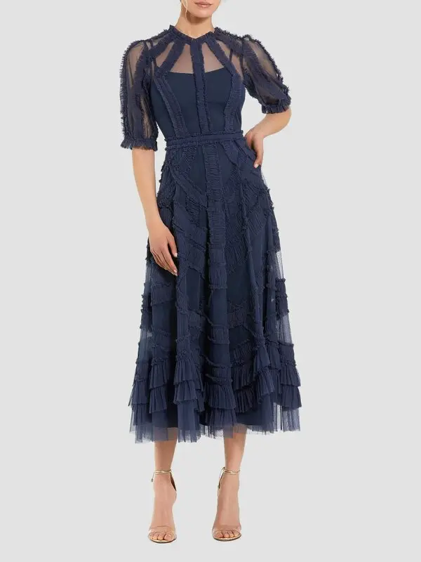 Mac Duggal Petite Tulle Ruffle Tiered Midi-dress - Midnight