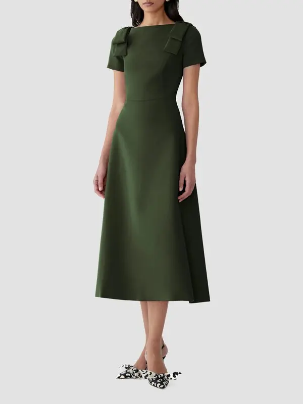 Carolina Herrera Boatneck Bow Shoulder Short-sleeve Midi Dress