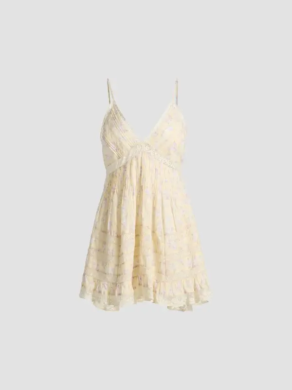 LoveShackFancy Alonna Floral Cotton V-neck Minidress - Lemon Spritz