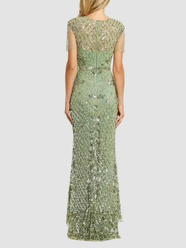 Mac Duggal Petite Embellished Fringe Column Gown