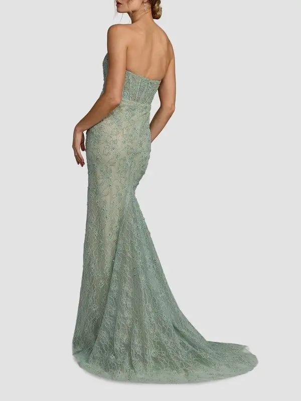 Mac Duggal Embellished Floral Lace Strapless Gown - Sage