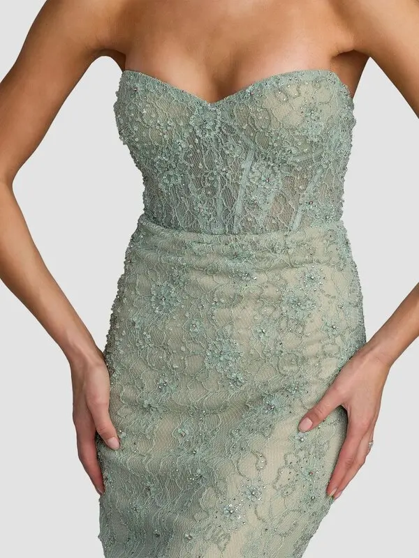 Mac Duggal Embellished Floral Lace Strapless Gown - Sage