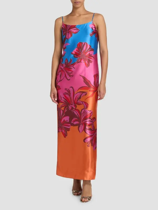 MILLY Lily Sunset Floral Satin Slip Maxi Dress
